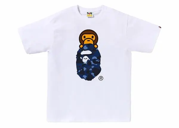 A BATHING APE Camo Milo On Ape Head Tee Shirt - White/navy Blue