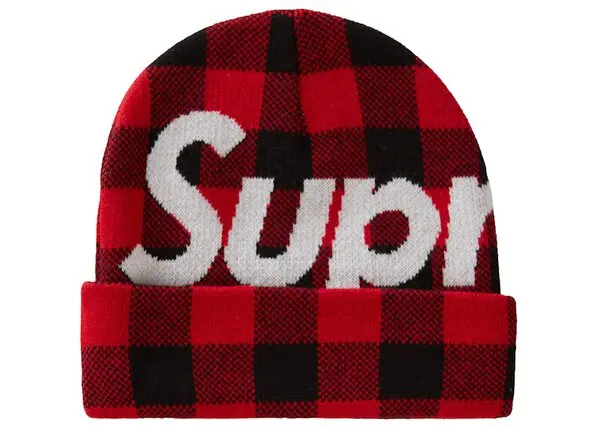Supreme Big Logo Beanie - Red Plaid