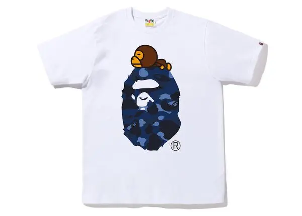 A BATHING APE Camo Milo On Big Ape Tee Shirt - White Navy Blue