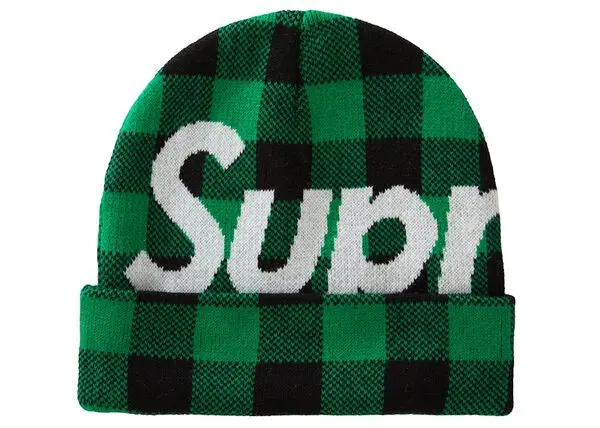 Supreme Big Logo Beanie - Green Plaid
