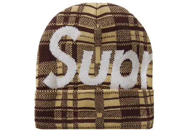 Supreme Big Logo Beanie - Tan Plaid