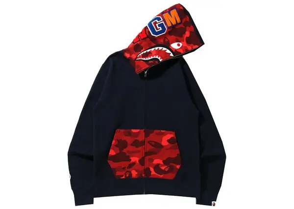 BAPE Camo Shark Full Zip Hoodie - Navy Blue/red