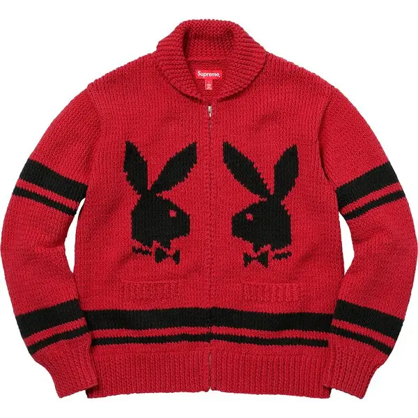 Supreme Playboy Shawl Collar Full Zip Sweater - Red
