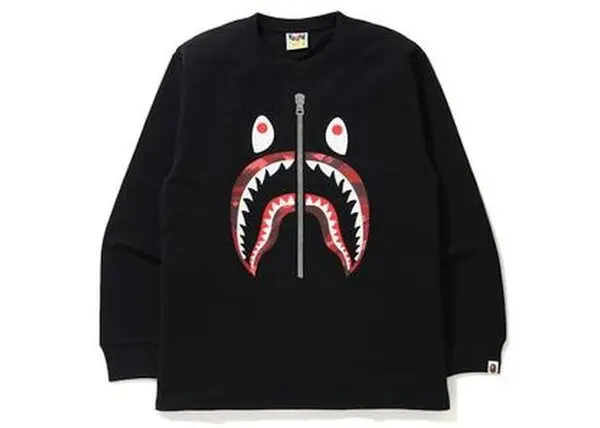A BATHING APE Camo Shark Long Sleeve Tee Shirt - Black/red