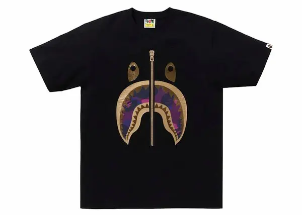 A BATHING APE Camo Shark Tee Shirt - Black/purple