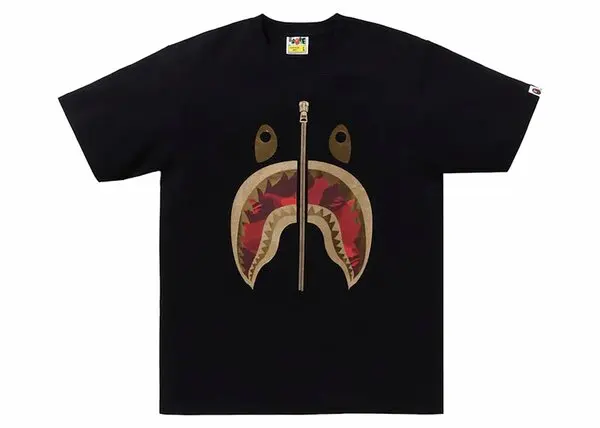 A BATHING APE Camo Shark Tee Shirt - Black/red