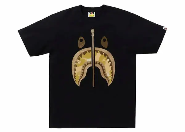 A BATHING APE Camo Shark Tee Shirt - Black/yellow