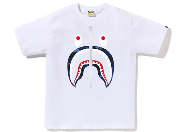A BATHING APE Camo Shark Tee Shirt - White/navy Blue