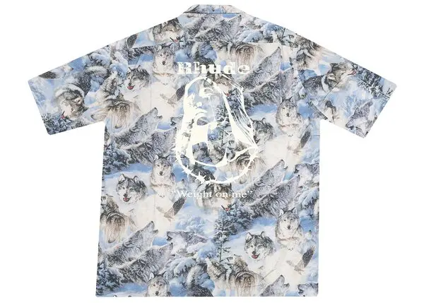 Rhude Wolves Short Sleeve Button Up In Wolves Print Shirt - Blue