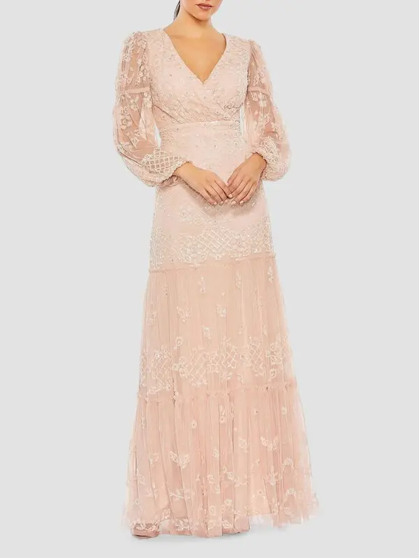 Mac Duggal Embellished Tulle Puff-sleeve Gown