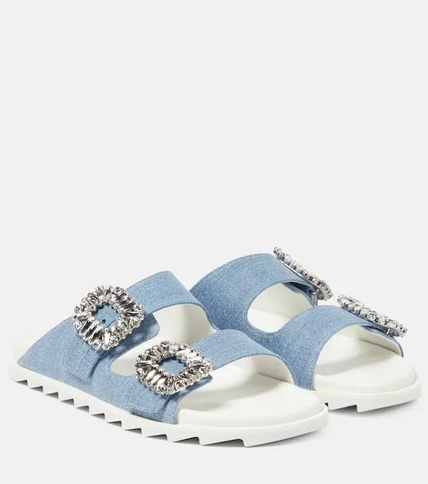 ROGER VIVIER Slidy Viv' Embellished Denim Sandals - Blue
