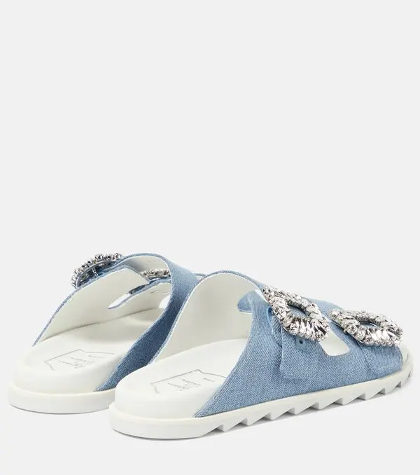 ROGER VIVIER Slidy Viv' Embellished Denim Sandals - Blue