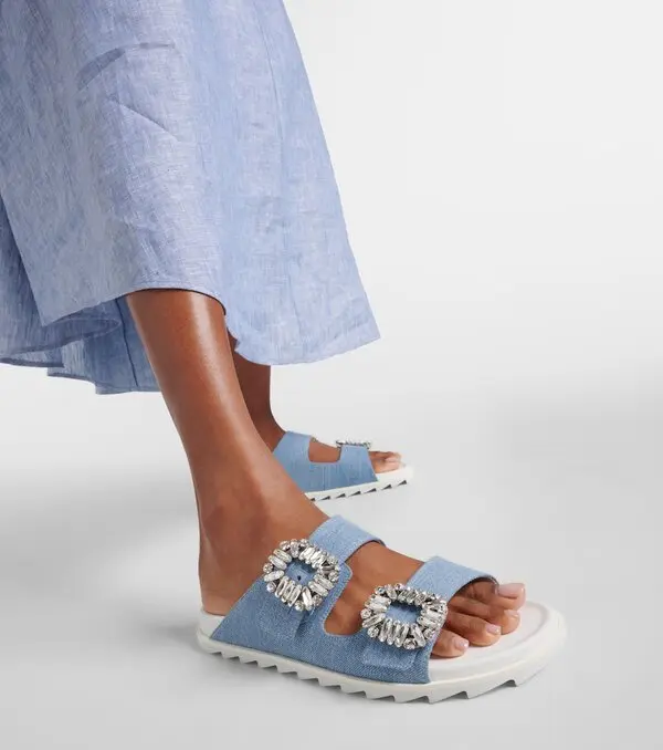 ROGER VIVIER Slidy Viv' Embellished Denim Sandals - Blue