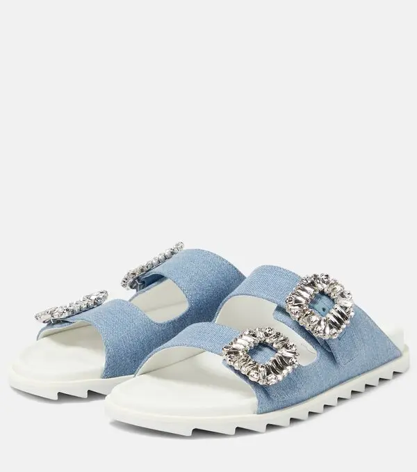 ROGER VIVIER Slidy Viv' Embellished Denim Sandals - Blue