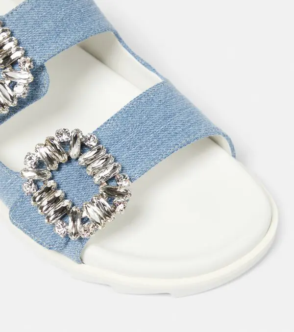 ROGER VIVIER Slidy Viv' Embellished Denim Sandals - Blue