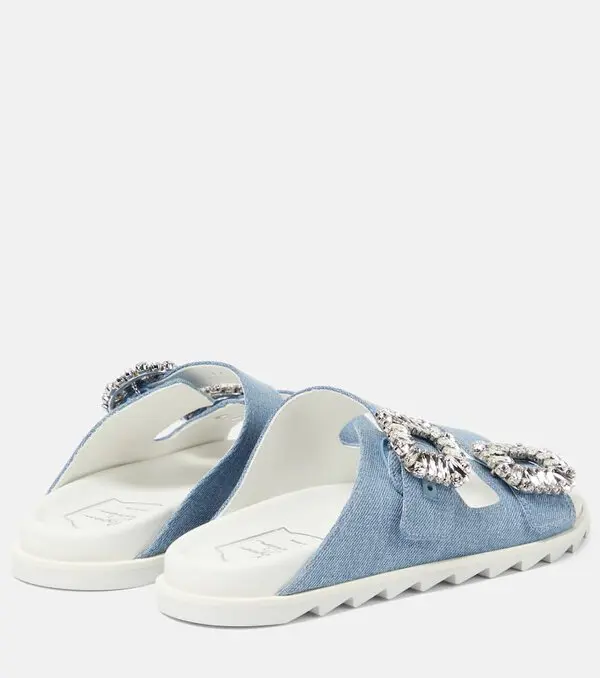 ROGER VIVIER Slidy Viv' Embellished Denim Sandals - Blue