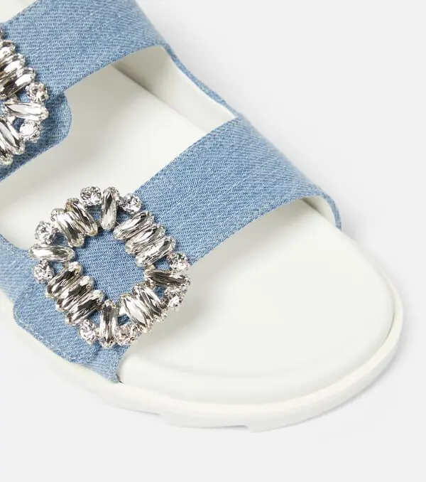 ROGER VIVIER Slidy Viv' Embellished Denim Sandals - Blue