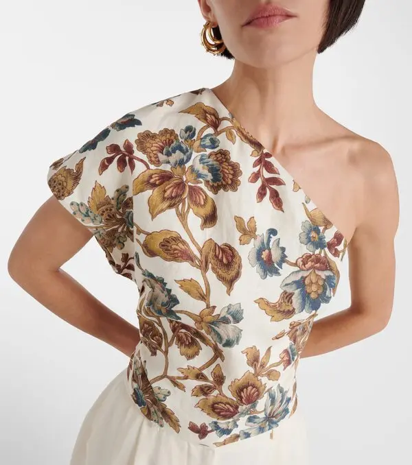 SIR. Eleanora Floral One-shoulder Linen Crop Top - Multicoloured