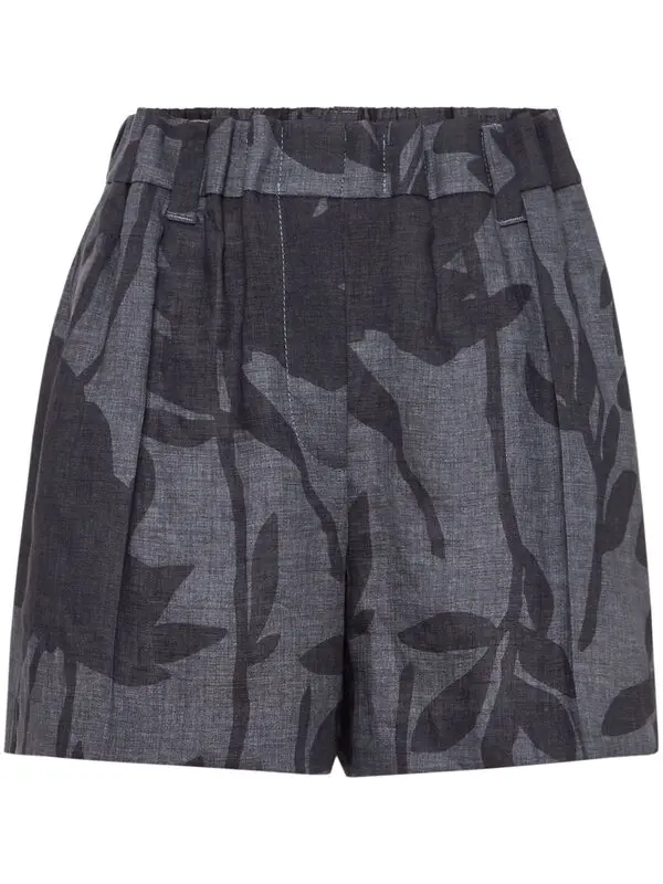 Brunello Cucinelli Ramage Print Linen Mini Shorts