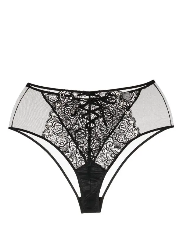 FLEUR DU MAL Eyelet-embellished Lace-up Panty - Black