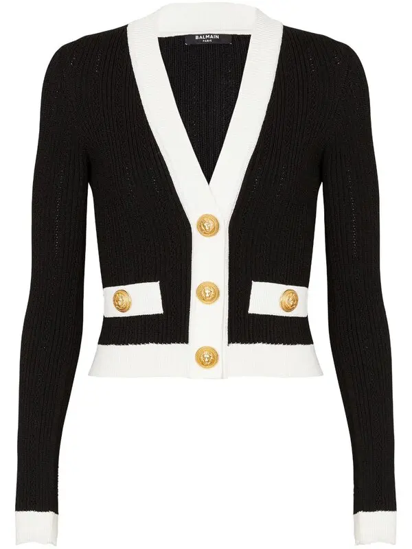 Balmain Contrast-border Ribbed Knit Cardigan - Black