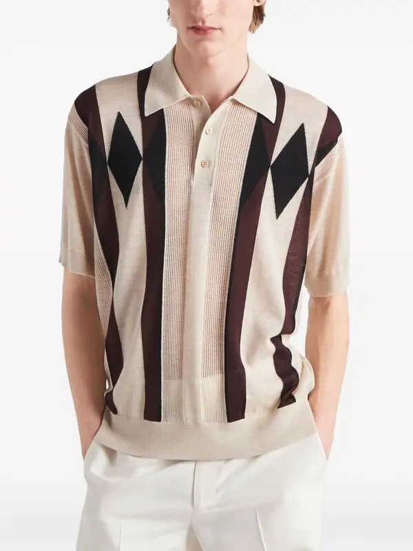 Prada Argyle-Knit Cashmere Polo Top - Neutrals | Editorialist
