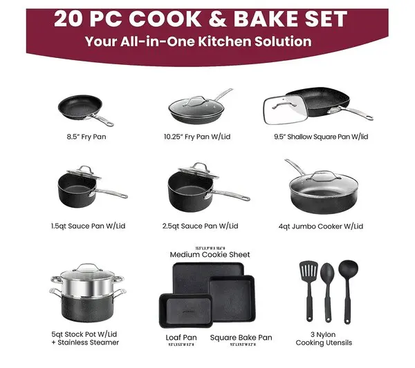 GRANITESTONE 20 Piece Cookware Set With Bakewar E & Utensils
