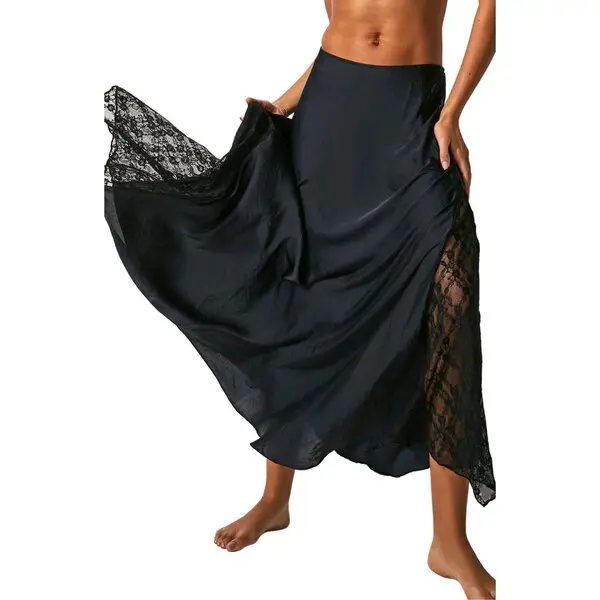Free People Lace Inset Satin Maxi Slip Skirt - Black