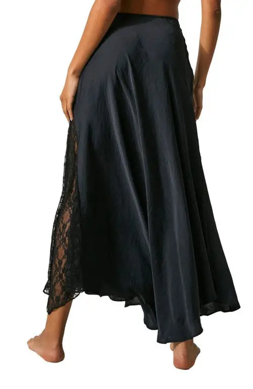Free People Lace Inset Satin Maxi Slip Skirt - Black
