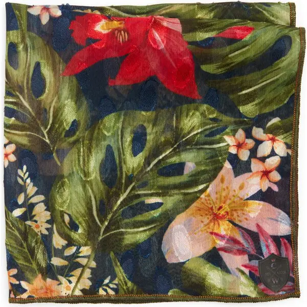 CLIFTON WILSON Floral Silk Pocket Square - Navy