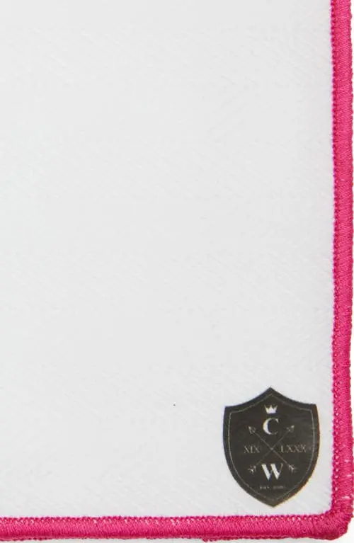 CLIFTON WILSON White Cotton Herringbone Pocket Square With Trim - Fuchsia