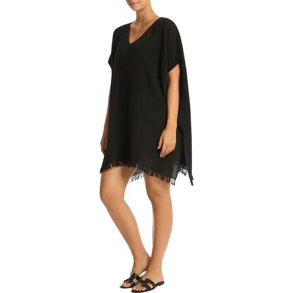 SEA LEVEL Sunset Fringe Cotton Cover-up Caftan - Black