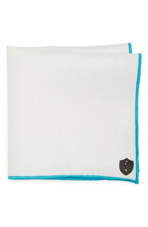 CLIFTON WILSON White Linen Pocket Square With Trim - Aqua
