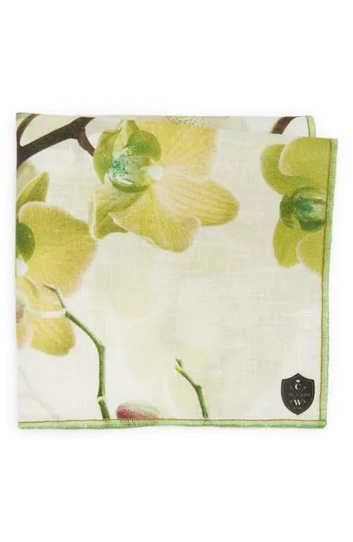CLIFTON WILSON Floral Linen Pocket Square - Olive