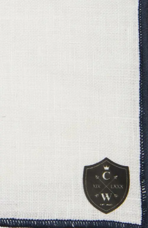CLIFTON WILSON White Linen Pocket Square With Trim - Navy