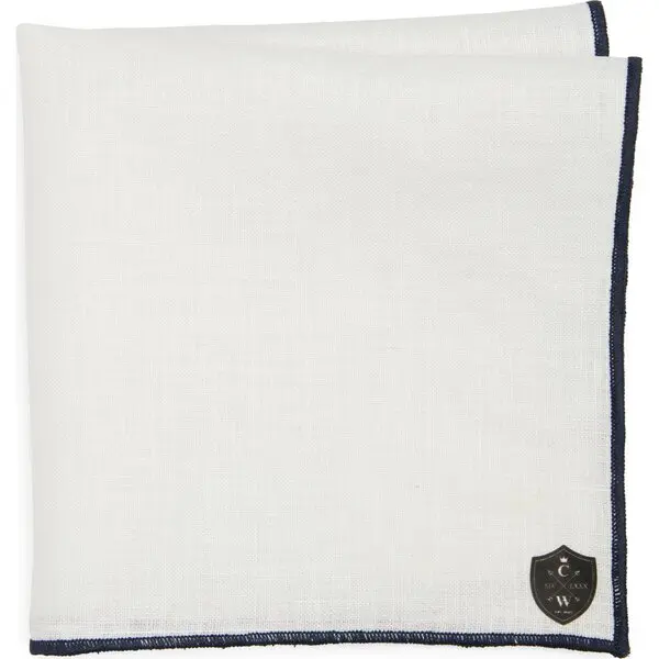 CLIFTON WILSON White Linen Pocket Square With Trim - Navy