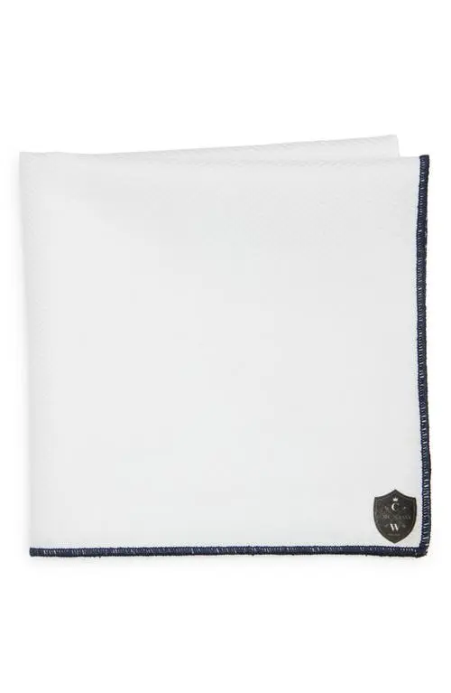 CLIFTON WILSON White Cotton Herringbone Pocket Square With Navy Trim - White/navy