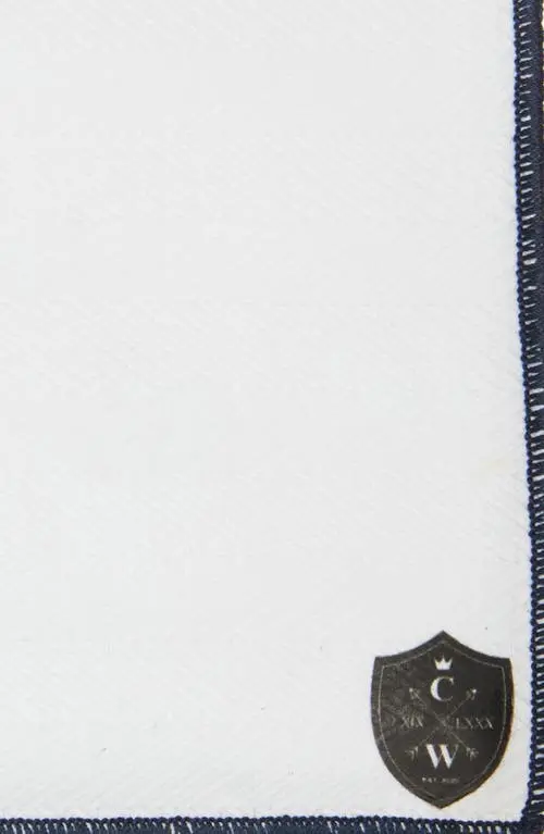 CLIFTON WILSON White Cotton Herringbone Pocket Square With Navy Trim