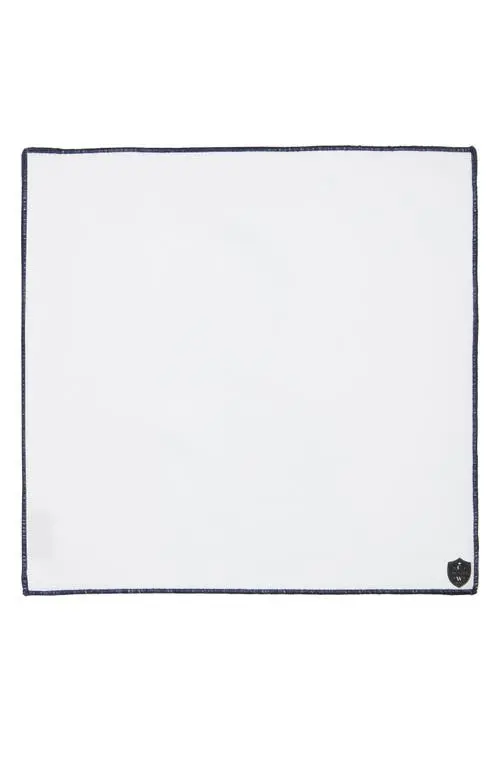 CLIFTON WILSON White Cotton Herringbone Pocket Square With Navy Trim - White/navy