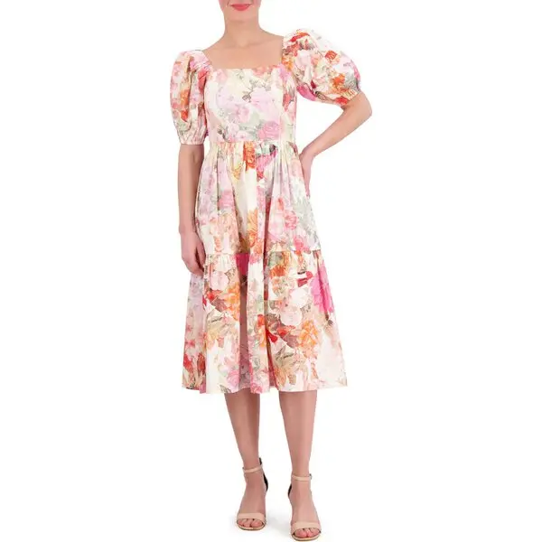 Vince Camuto Floral Square Neck Puff Sleeve Cotton Midi Dress In Pink - 25%  Off | Editorialist