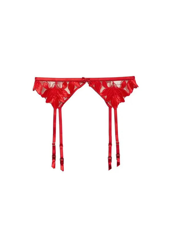 Fleur Du Mal Lily Embroidery Garter Belt - Rouge Velvet