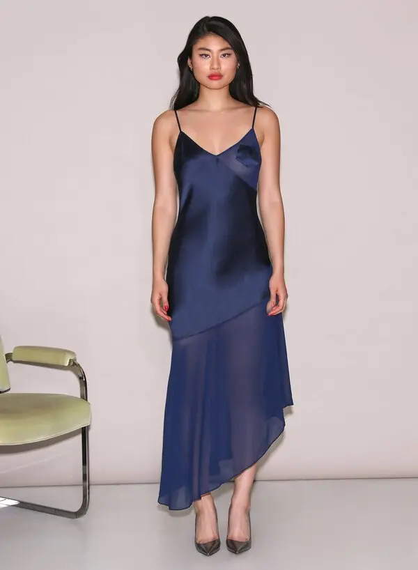 Fleur Du Mal Satin Slip Dress | Chiffon, Asymmetrical - Blue