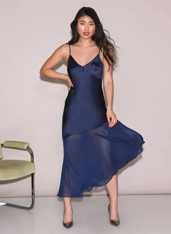 Fleur Du Mal Satin Slip Dress | Chiffon, Asymmetrical - Blue