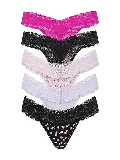 Pink 5-pack Wink™ Lace-trim Thong Panties - Print