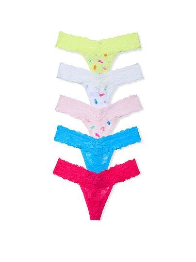 Pink 5-pack Wink™ Lace-trim Thong Panties - Print