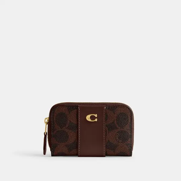COACH Essential Small Zip Around Card Case In Signature Canvas - Brass/maple