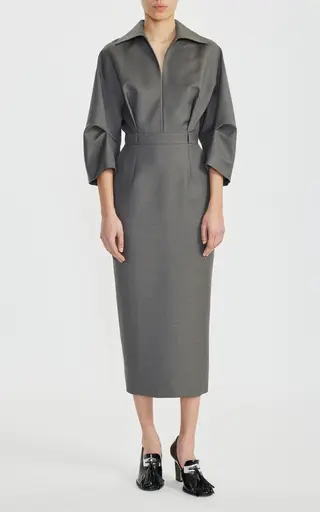 Emilia Wickstead Vivica Plunging Wool Midi Dress - Grey | Editorialist
