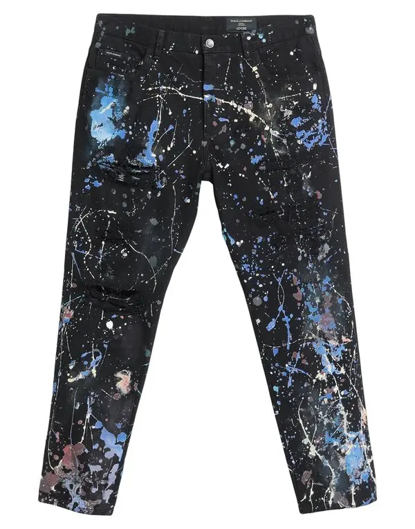 Dolce & Gabbana Skinny Jeans With Multicolor Paint Splatter And Leather Trims