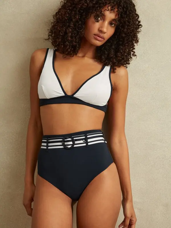 REISS Jessica High-rise Belted Bikini Bottom - Navy/white