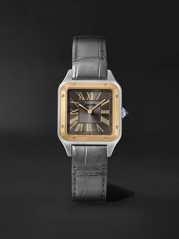 CARTIER Santos-dumont Large 43.5mm 18-karat Gold, Stainless Steel And Alligator Watch - Gray
